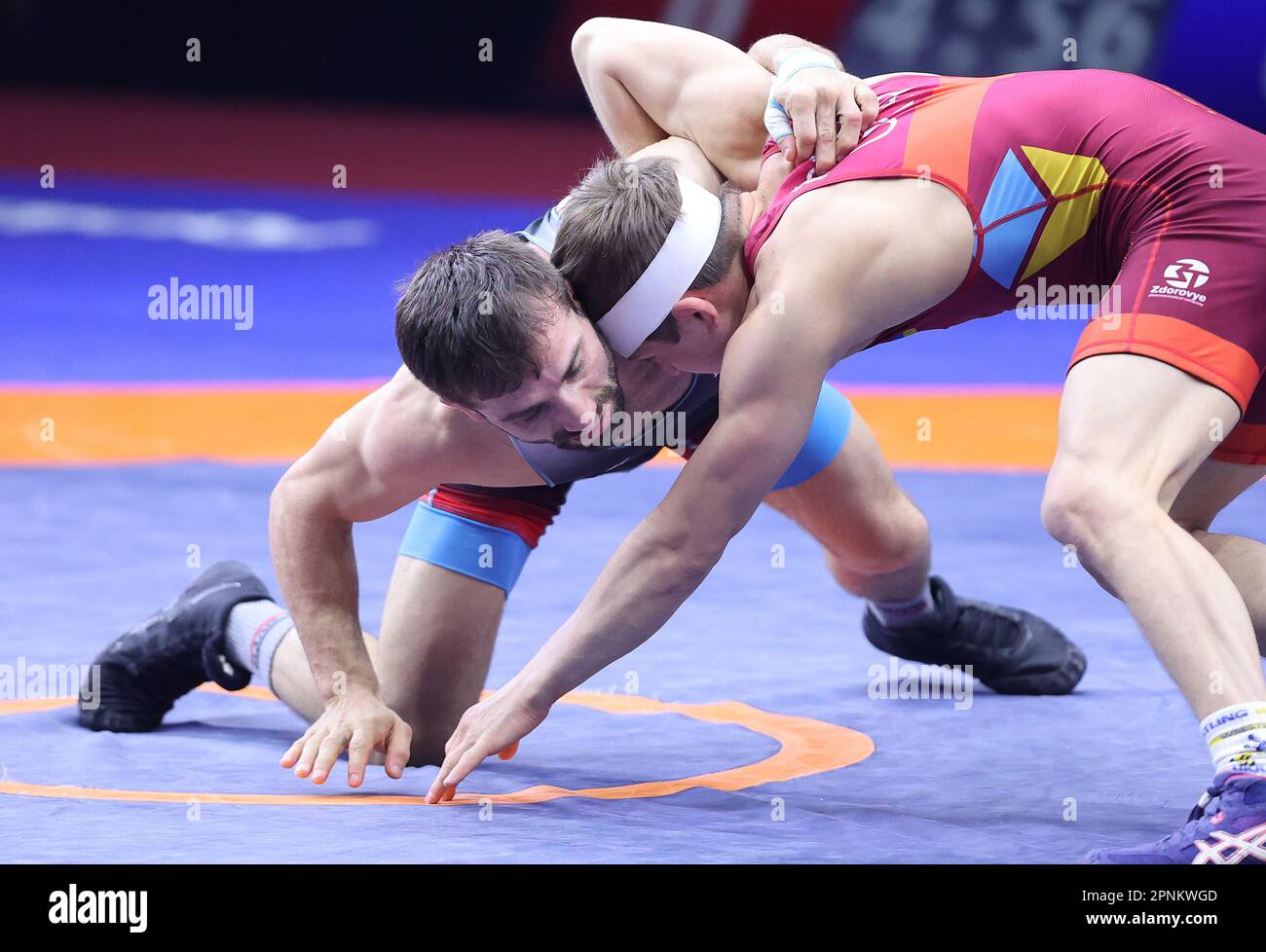 ZAGREB, CROATIA - [APRIL 19]: Taras Markovych of Ukraine (red) competes ...