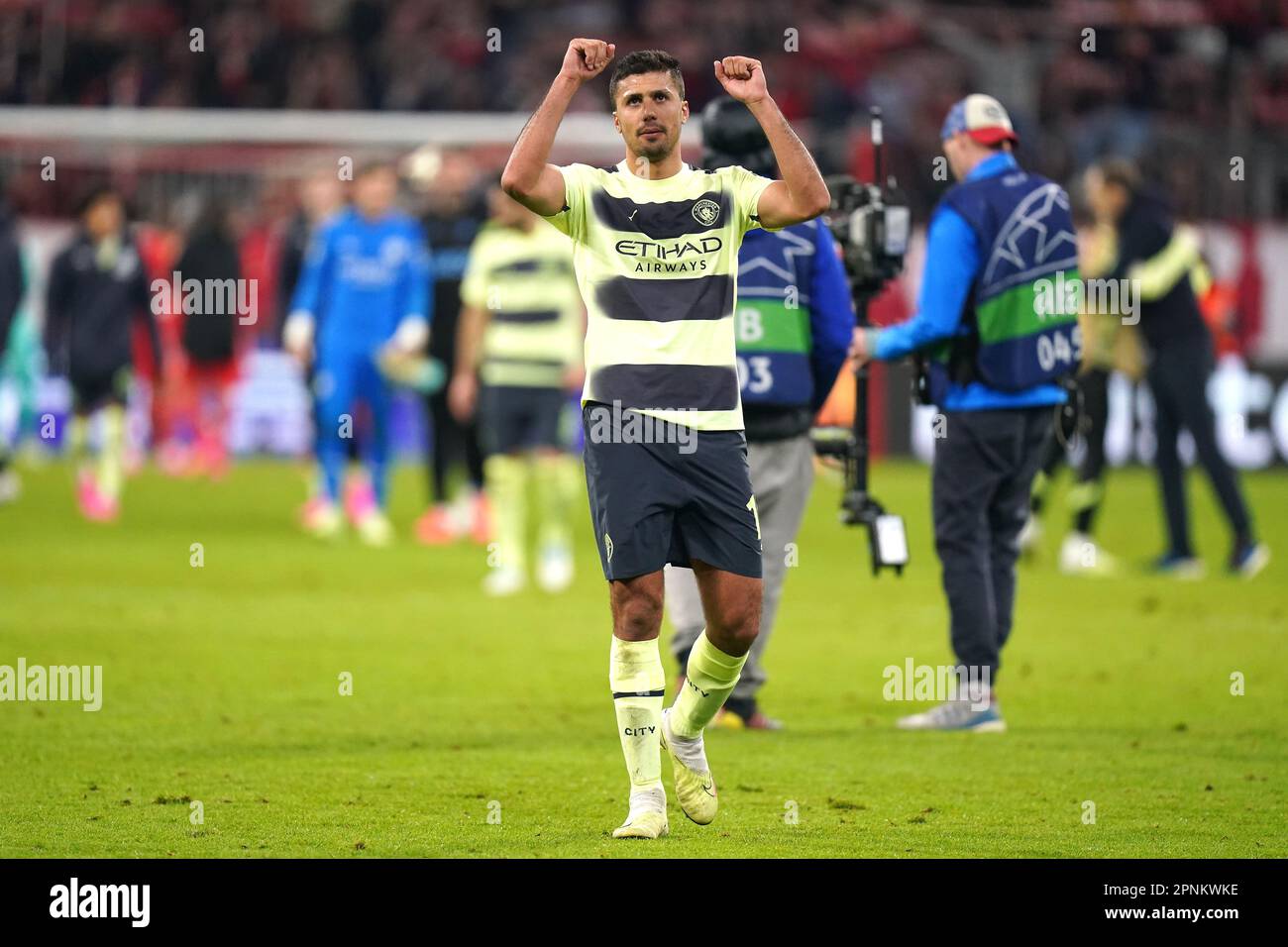 Manchester City's Rodri applauds the fans following victory in the UEFA ...