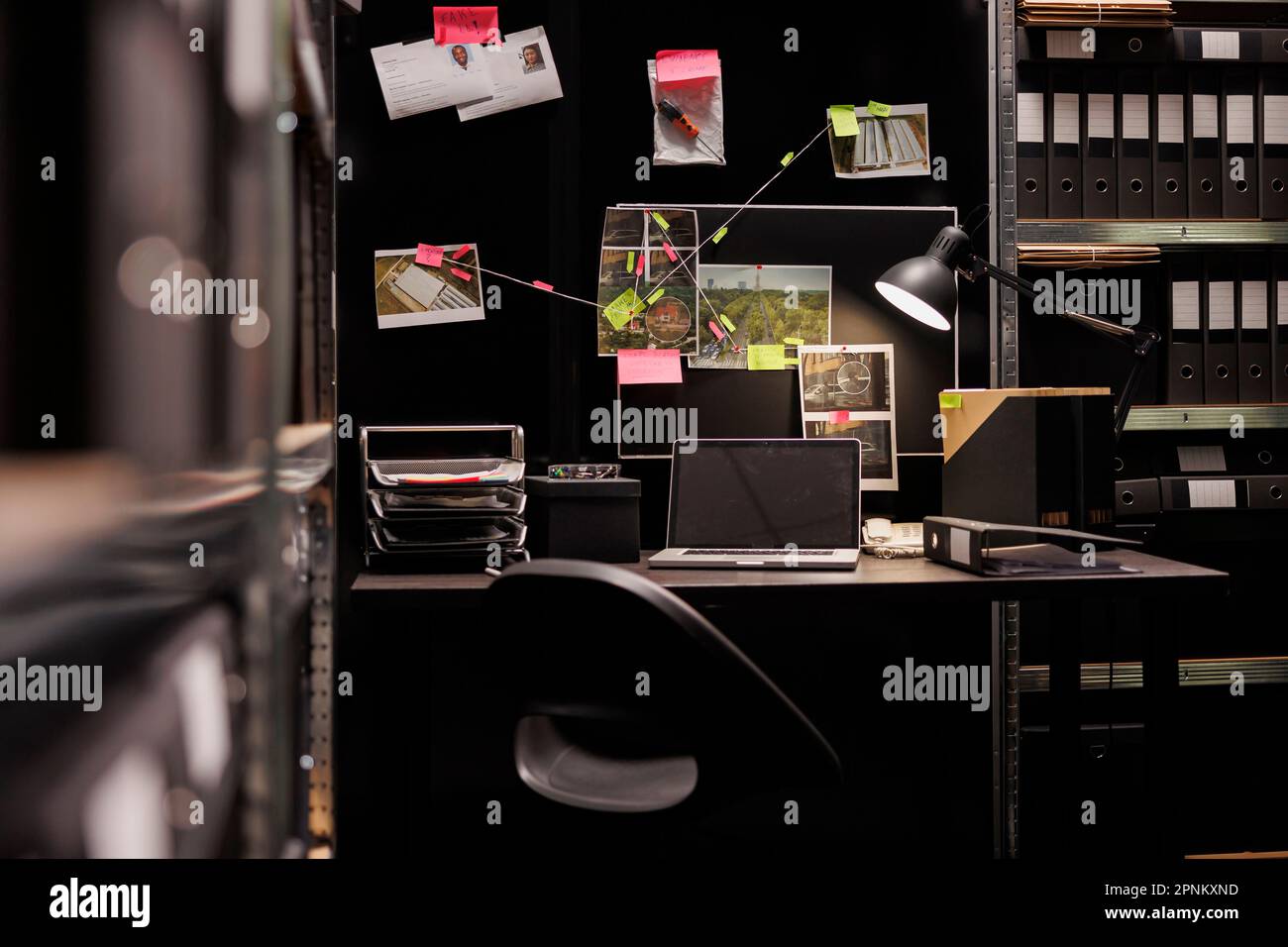 Police investigator office with crime case clues on detective board ...