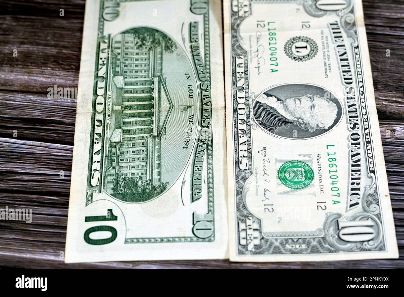 Old 10 $ ten American dollars bills banknote features the portrait of ...