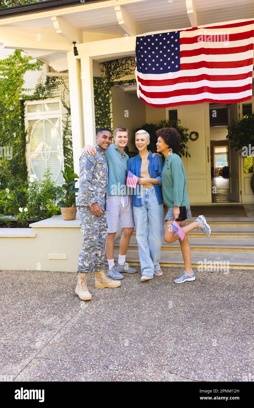 Portrait of happy diverse group of friends with biracial male american ...