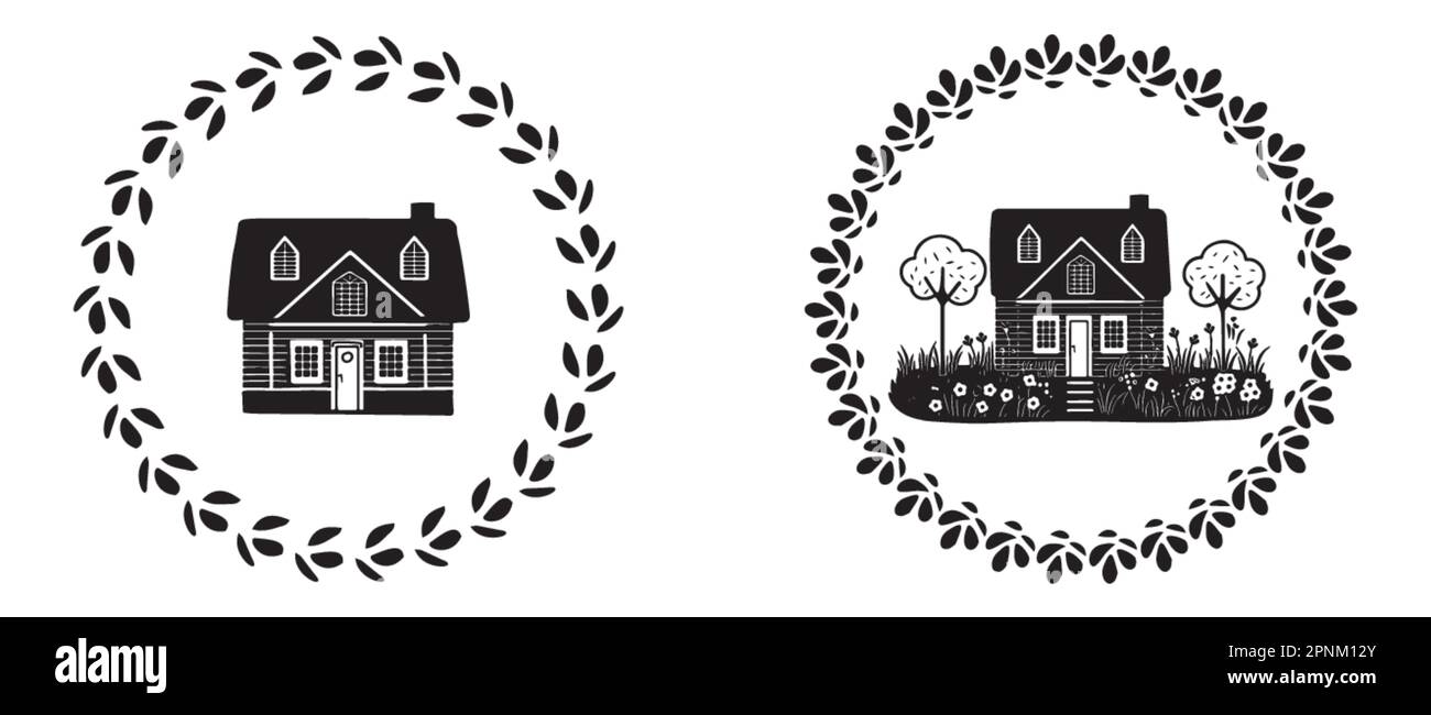 Cute rustic cottage motif in vintage style frame set. Vector ...