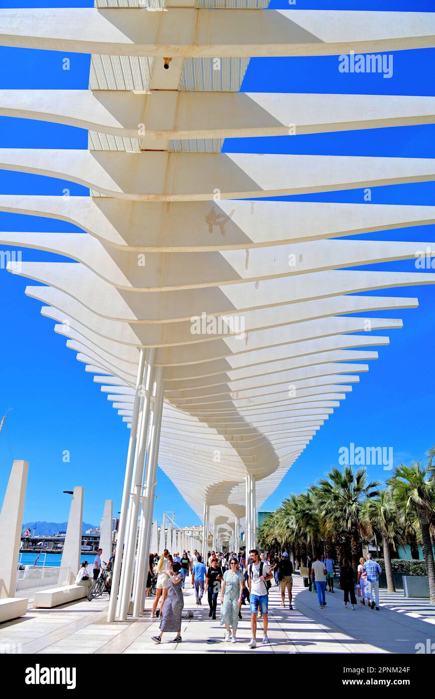 Spain Malaga modern harbour walkway to the port and ships in the ...