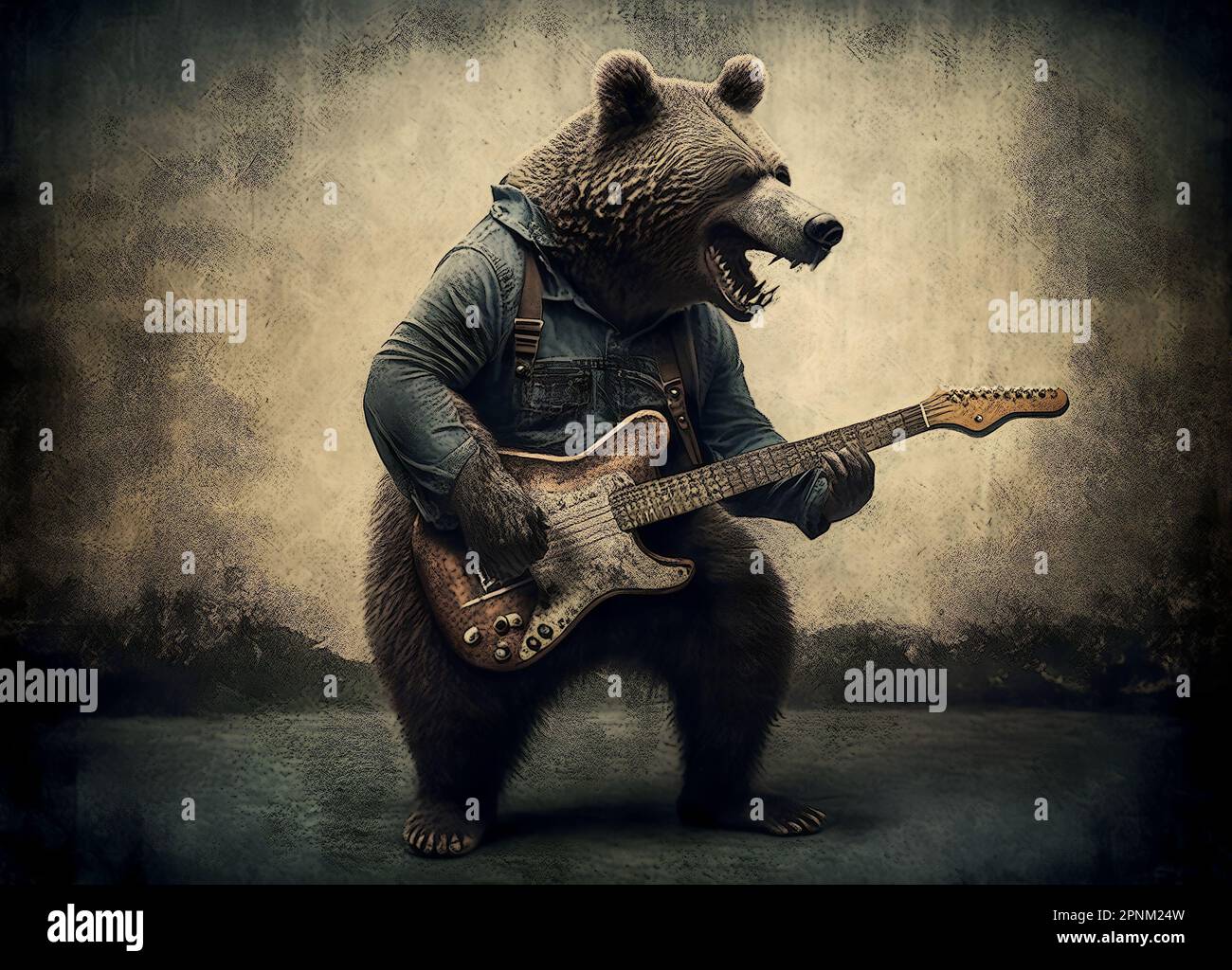 Anamorphic art prints of a grizzly bear playing guitar are popular ...