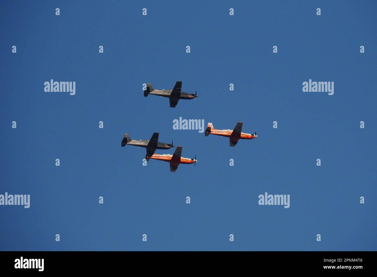 KAI KT-1 Woongbi aircraft of the Peruvian Air Force flying over the ...