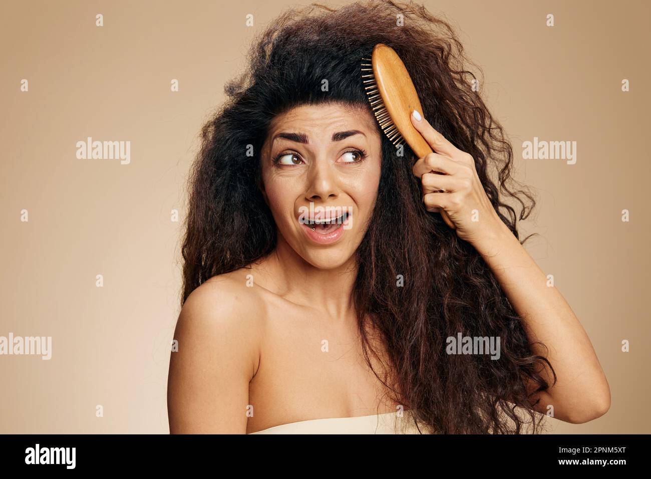 HAIR PROBLEMS. TANGLED HAIR CONCEPT. Shocked excited upset suffering ...