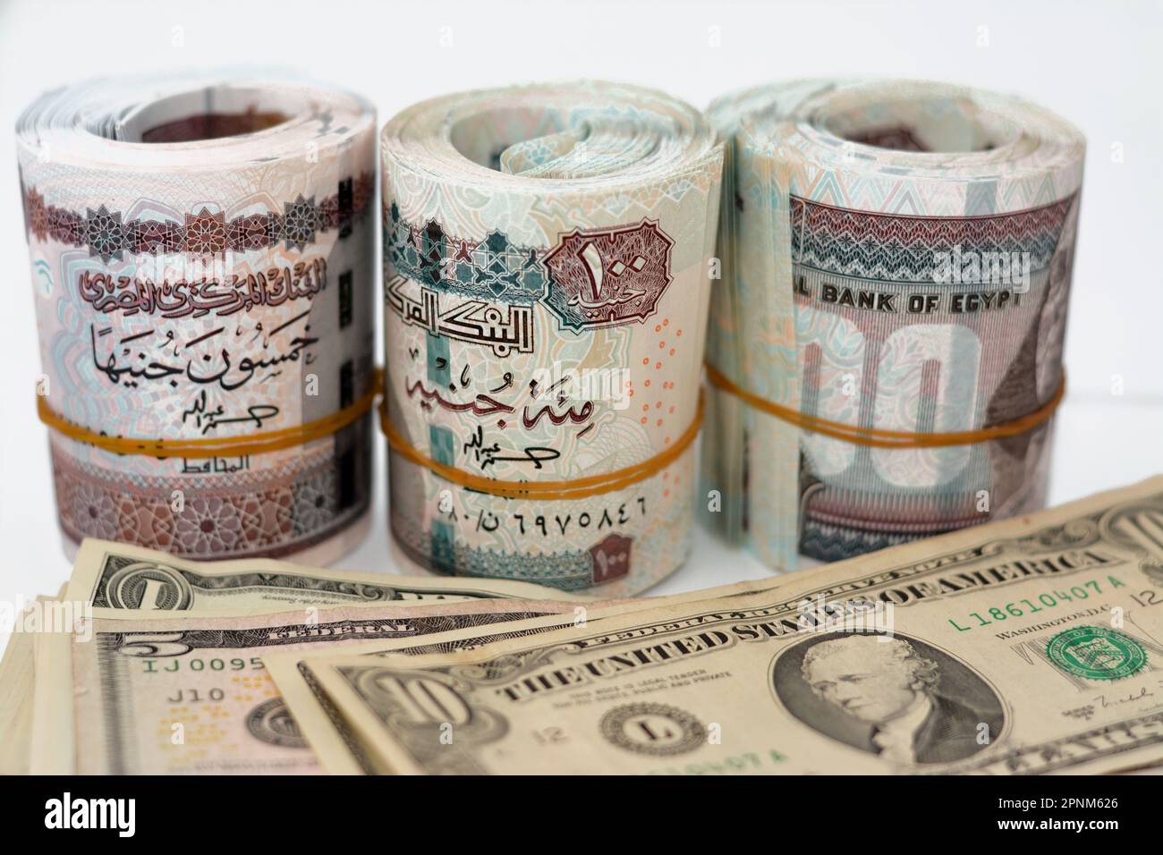 Rolls of Egypt money banknote bills of 100 and 50 EGP LE one hundred ...