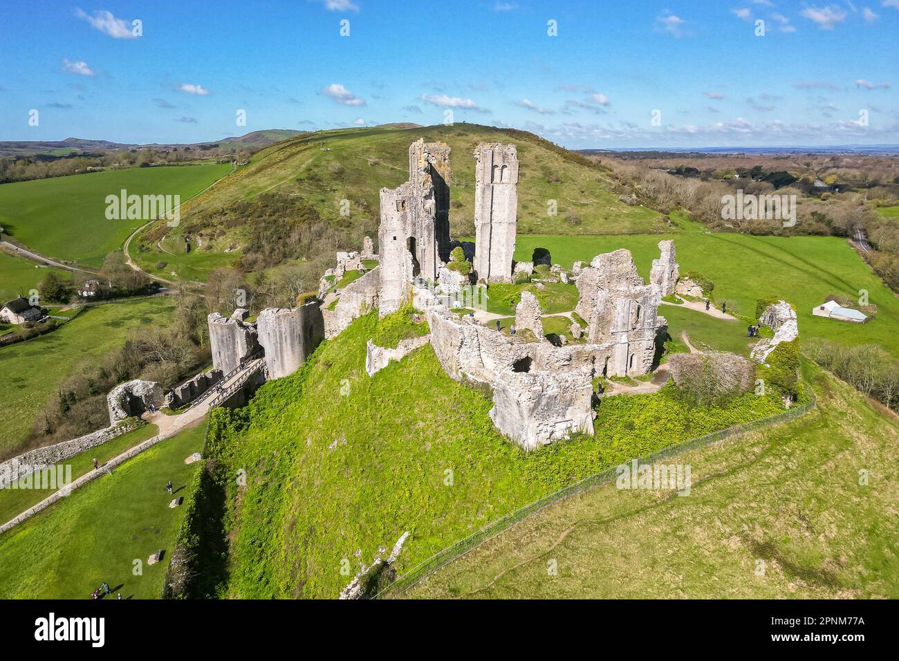 Aerial view of the ruins of Corfe Castle in the Isle of Purbeck in ...