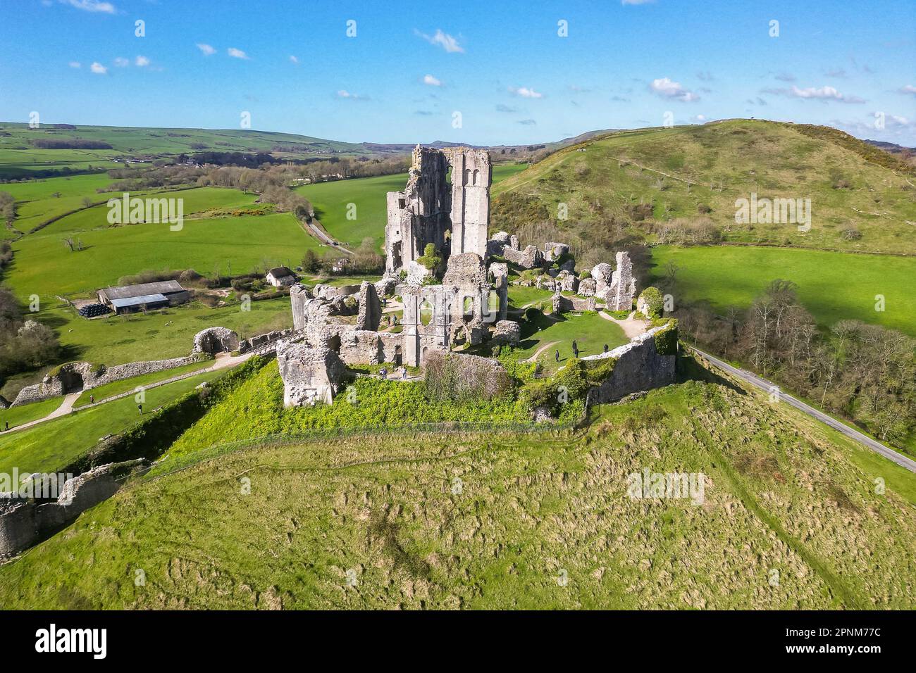 Aerial view of the ruins of Corfe Castle in the Isle of Purbeck in ...