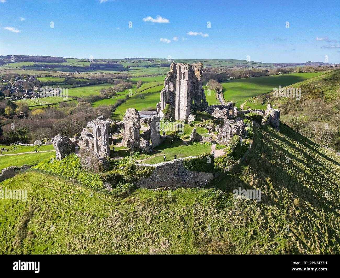 Aerial view of the ruins of Corfe Castle in the Isle of Purbeck in ...