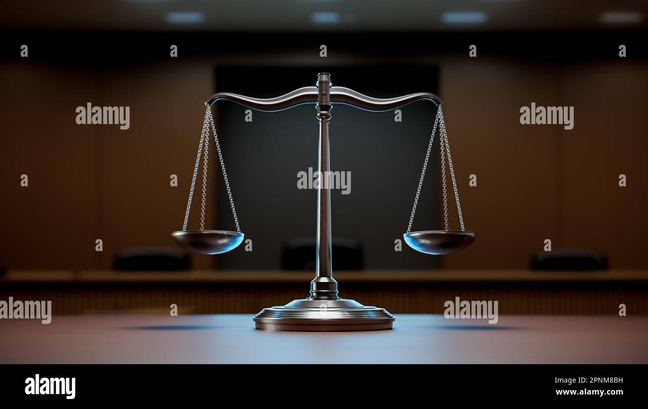 Scales of Justice close-up background inside a courtroom, 3d rendering ...