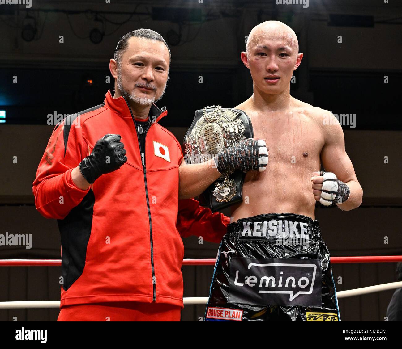 Tokyo, Japan. 18th Apr, 2023. Keisuke Matsumoto (R) and his trainer and ...