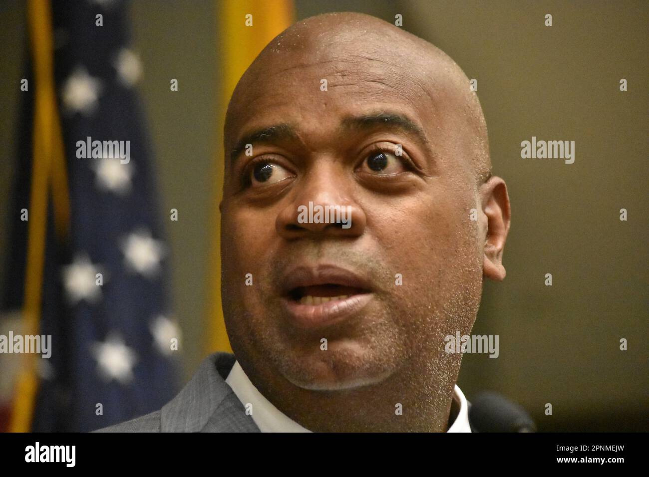 Newark, New Jersey Mayor Ras J. Baraka delivers remarks at the event ...