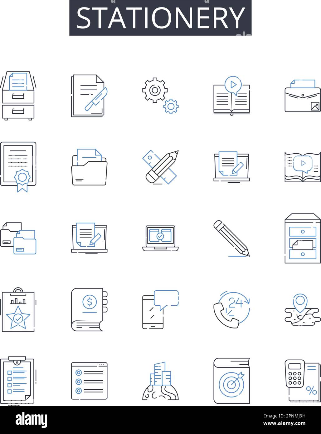 Stationery line icons collection. Paper goods, Writing tools, Office ...
