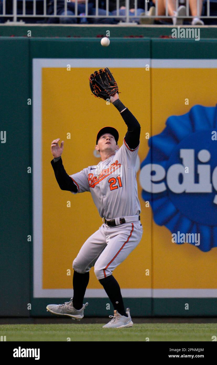 Baltimore Orioles left fielder Austin Hays catches a ball hit by ...