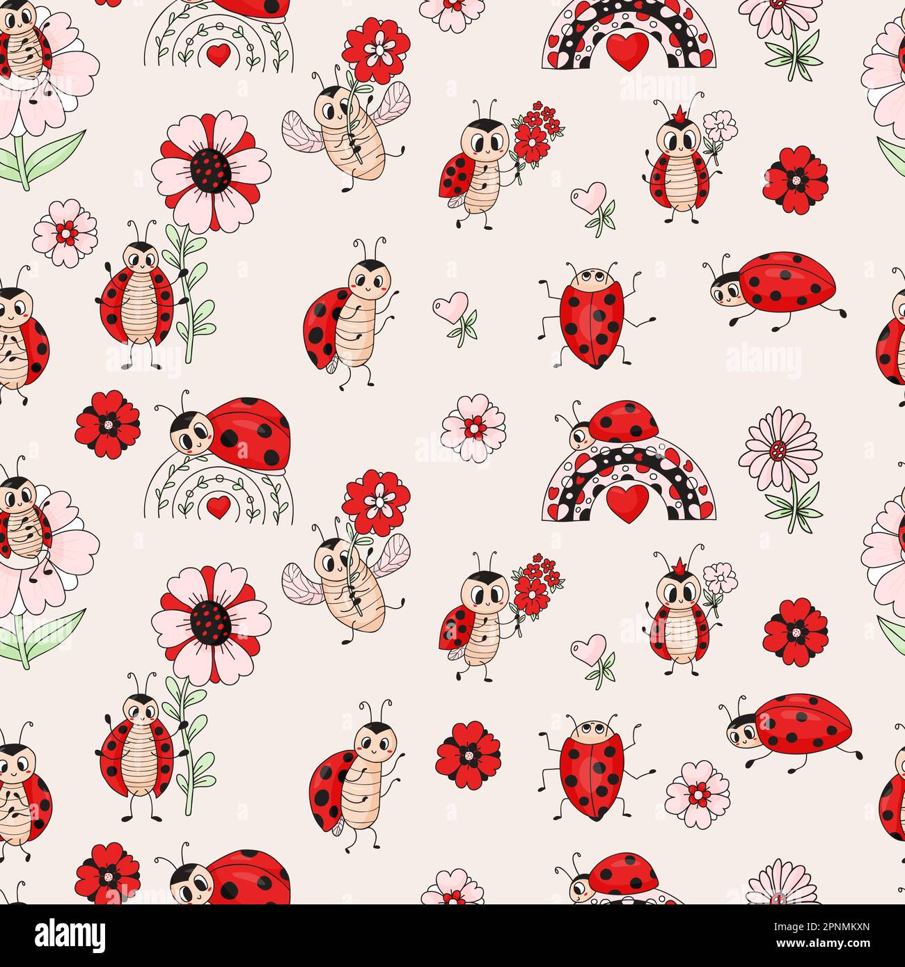 Seamless pattern with cute ladybugs with flowers and rainbow on light ...