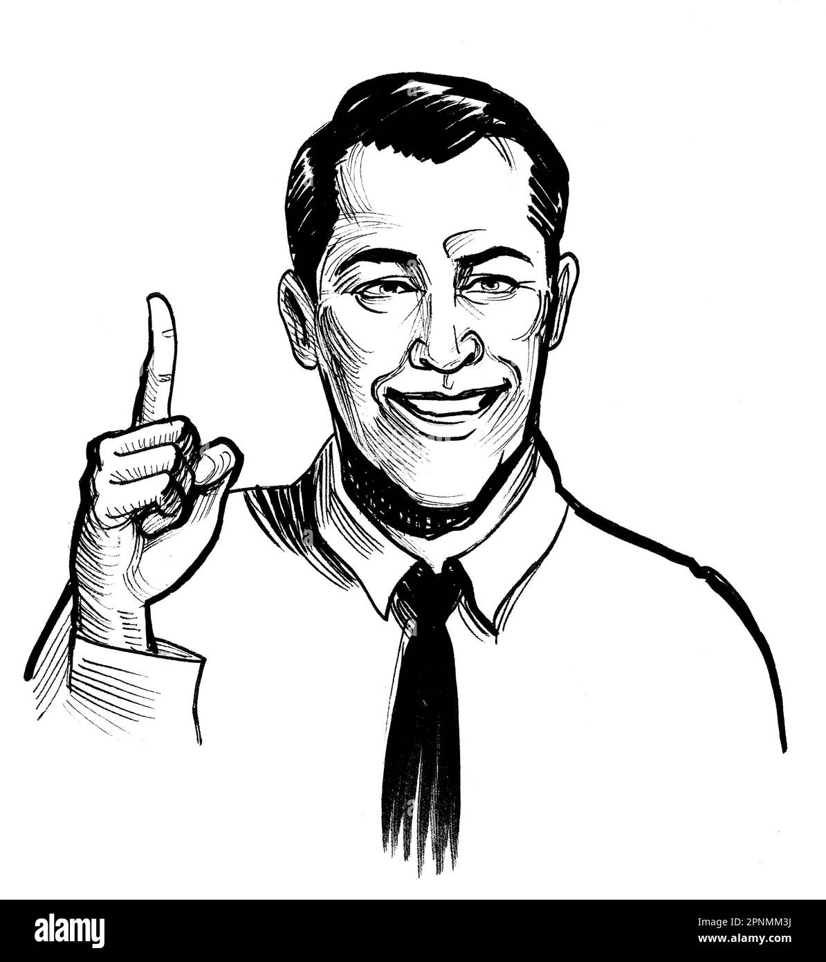 Smiling man in shirt and tie pointing up. Ink black and white drawing ...