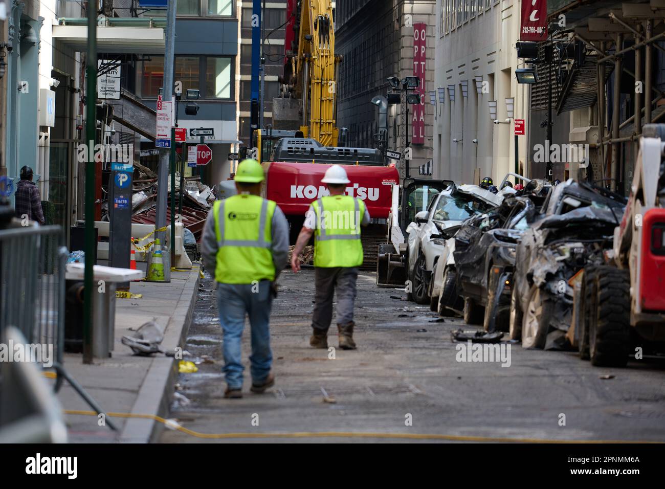 New York, New York, USA. 19th Apr, 2023. Demolition workers at the ...