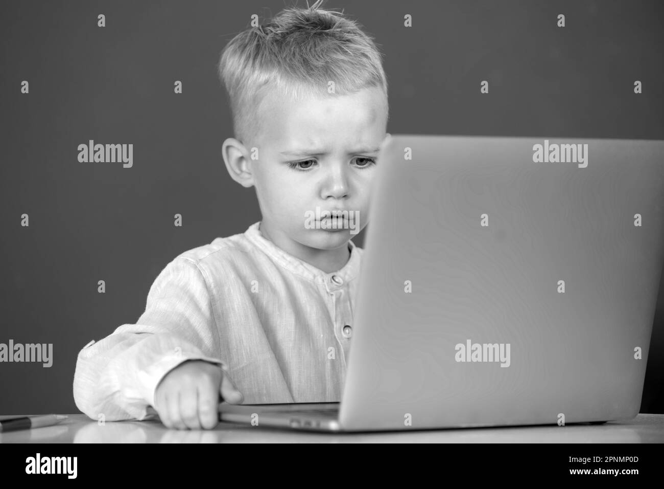 Serious concentrate child using laptop computer, kid boy studying ...