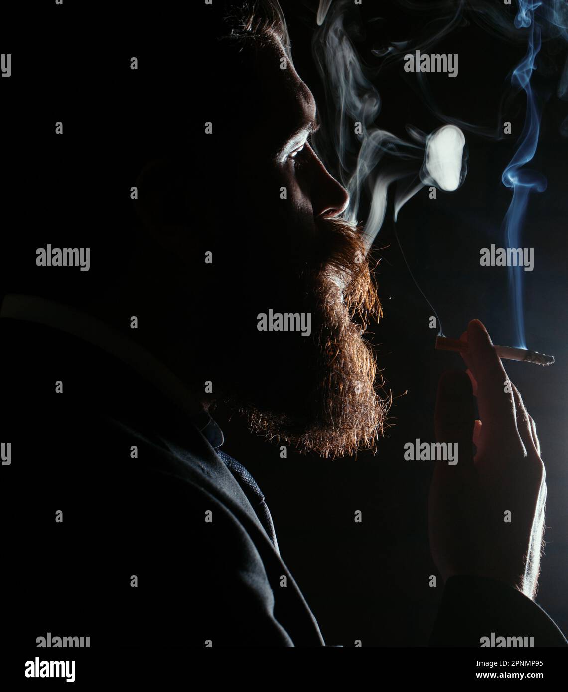 Close up portrait of man bearded man smoking cigarette. Cigarette smoke ...
