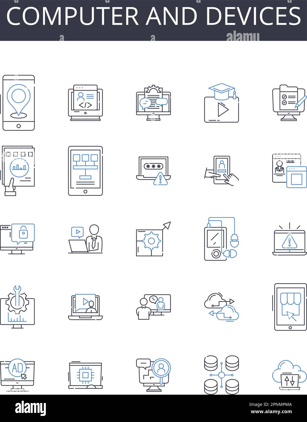 Computer and devices line icons collection. PC, laptop, tablet, smartph, smartwatch, desktop ...