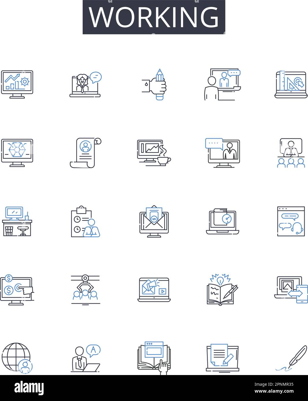 Working line icons collection. Laboring, Engaged, Employed, Occupied, Operating, Serving ...