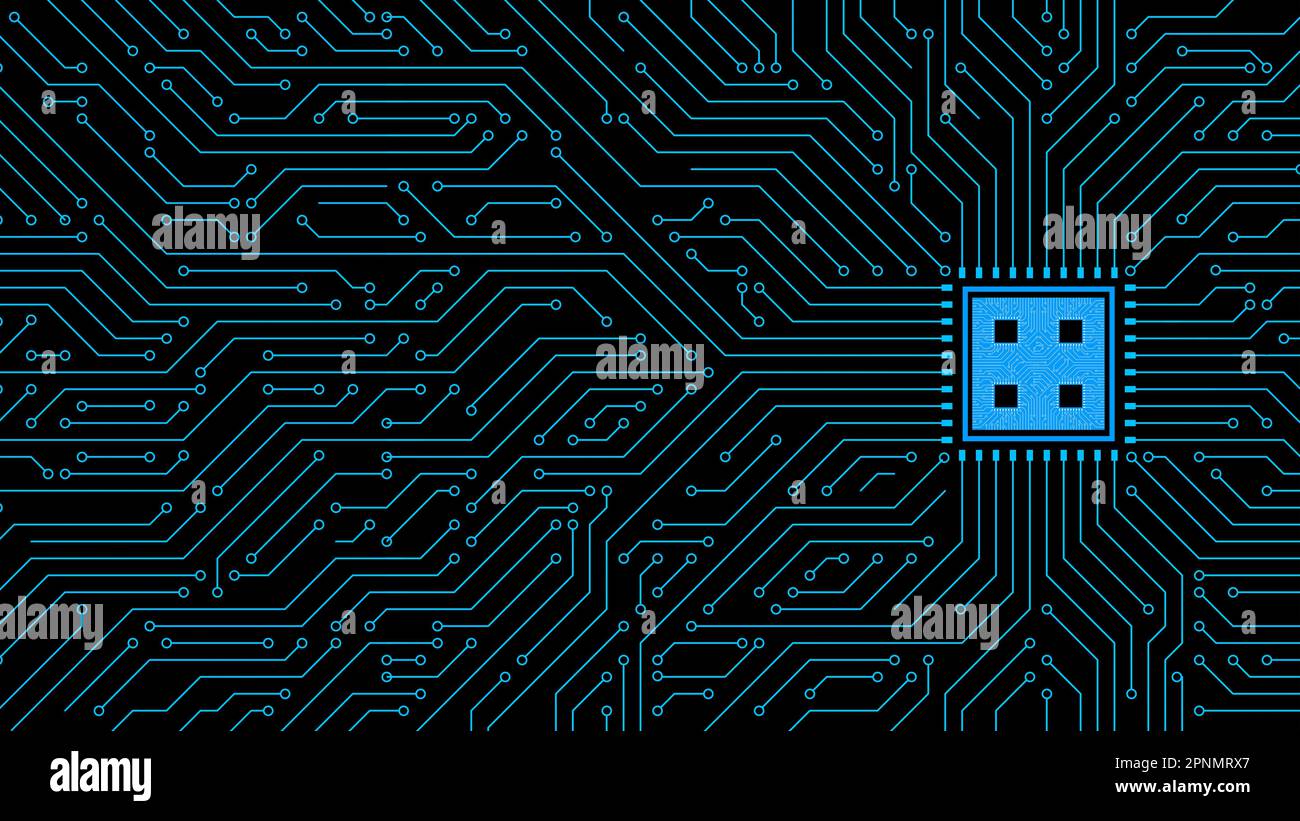 circuit board with blue line and chip processor in the right side Stock ...