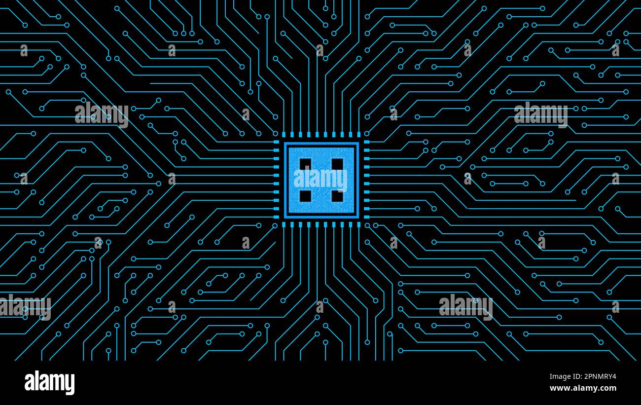 circuit board with blue line and chip processor in the middle Stock ...