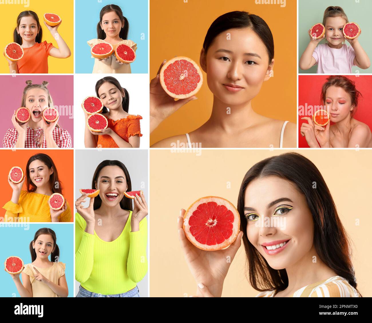 Collage of beautiful women and girls with fresh grapefruits on colorful ...