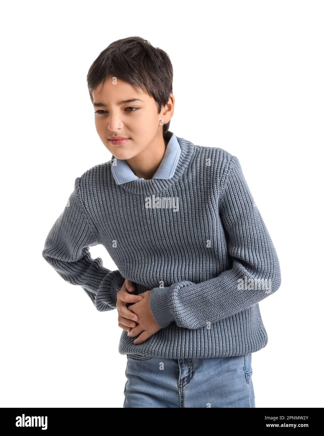 Little boy with appendicitis isolated on white Stock Photo - Alamy
