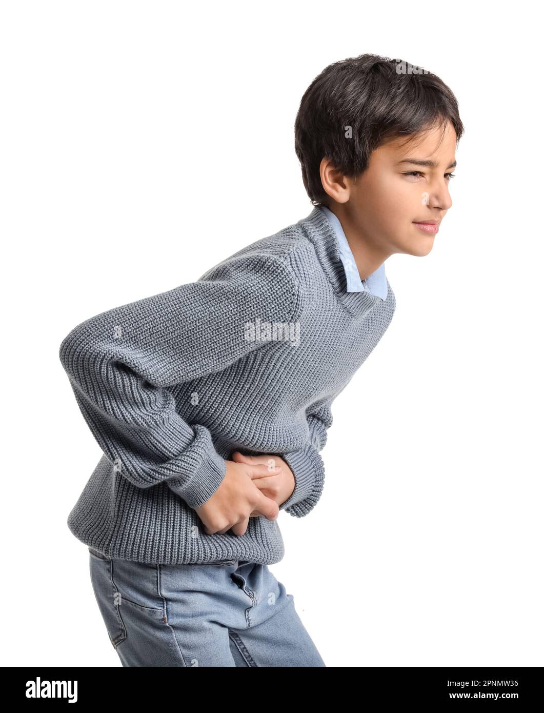 Little boy with appendicitis isolated on white Stock Photo - Alamy
