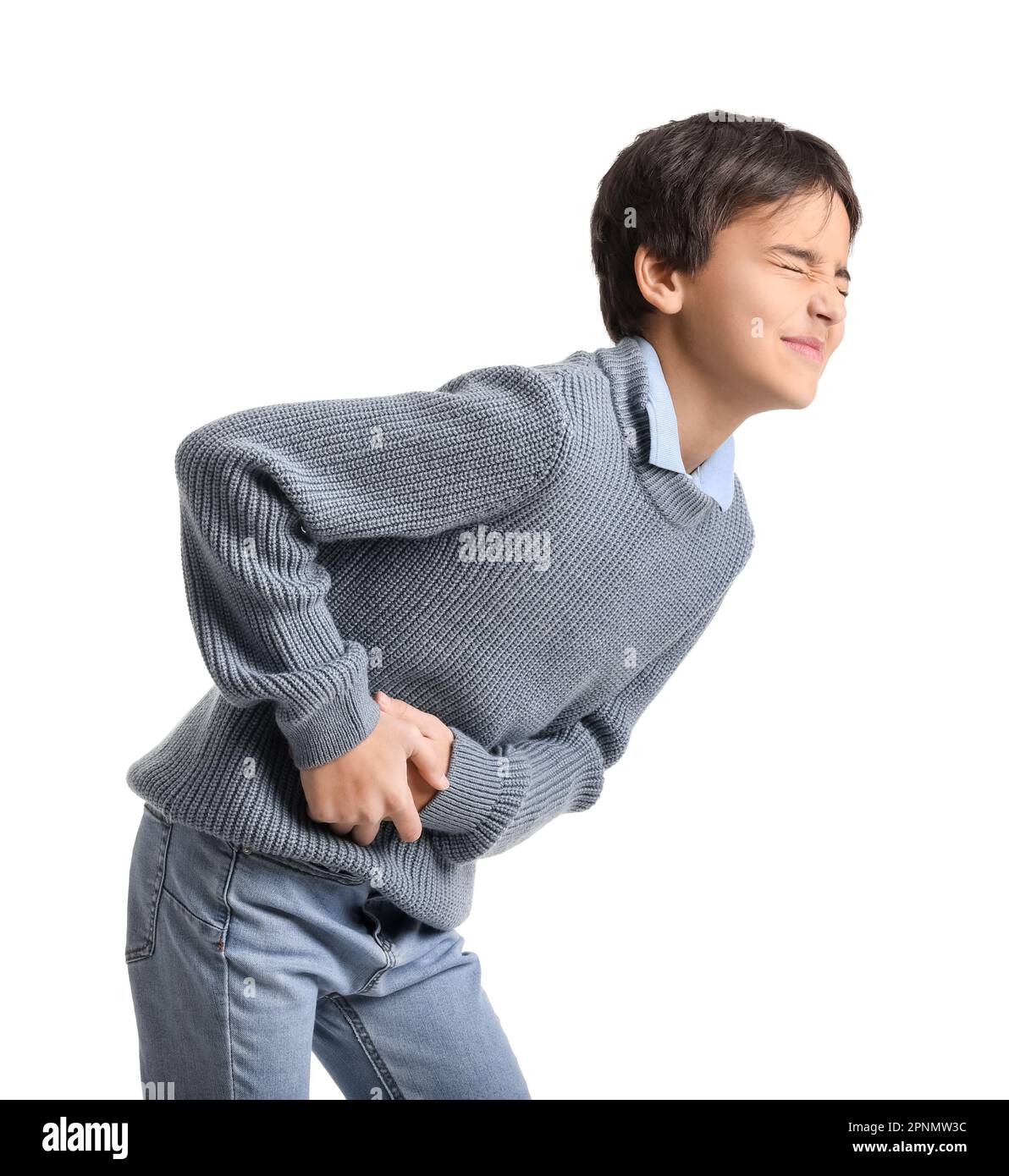 Little boy with appendicitis isolated on white Stock Photo - Alamy