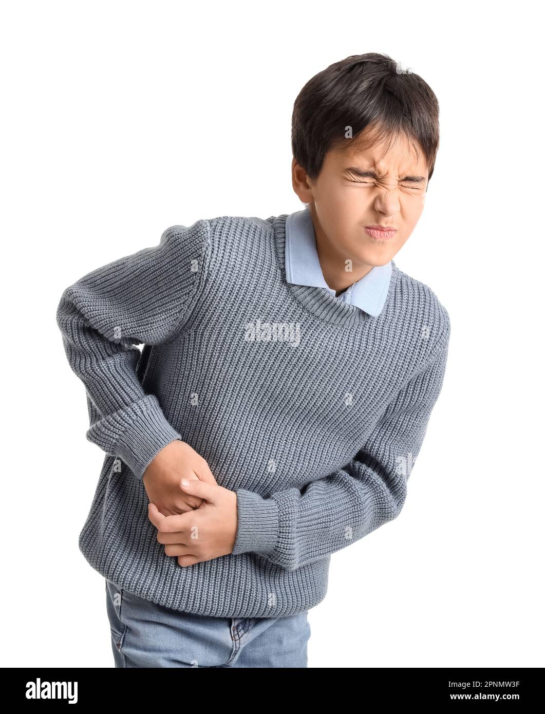 Little boy with appendicitis isolated on white Stock Photo - Alamy