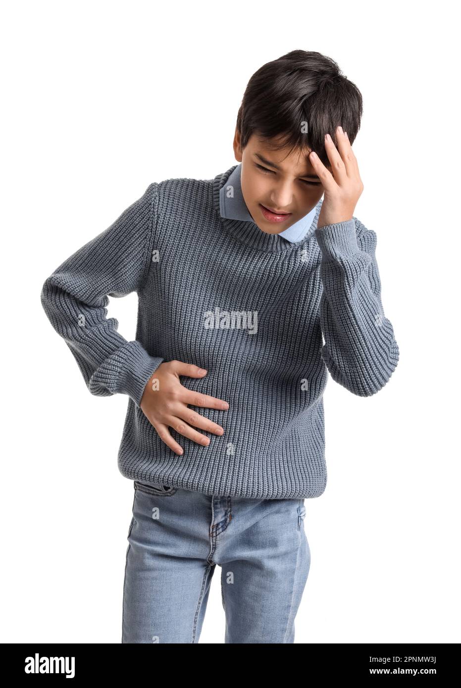 Little boy with appendicitis isolated on white Stock Photo - Alamy
