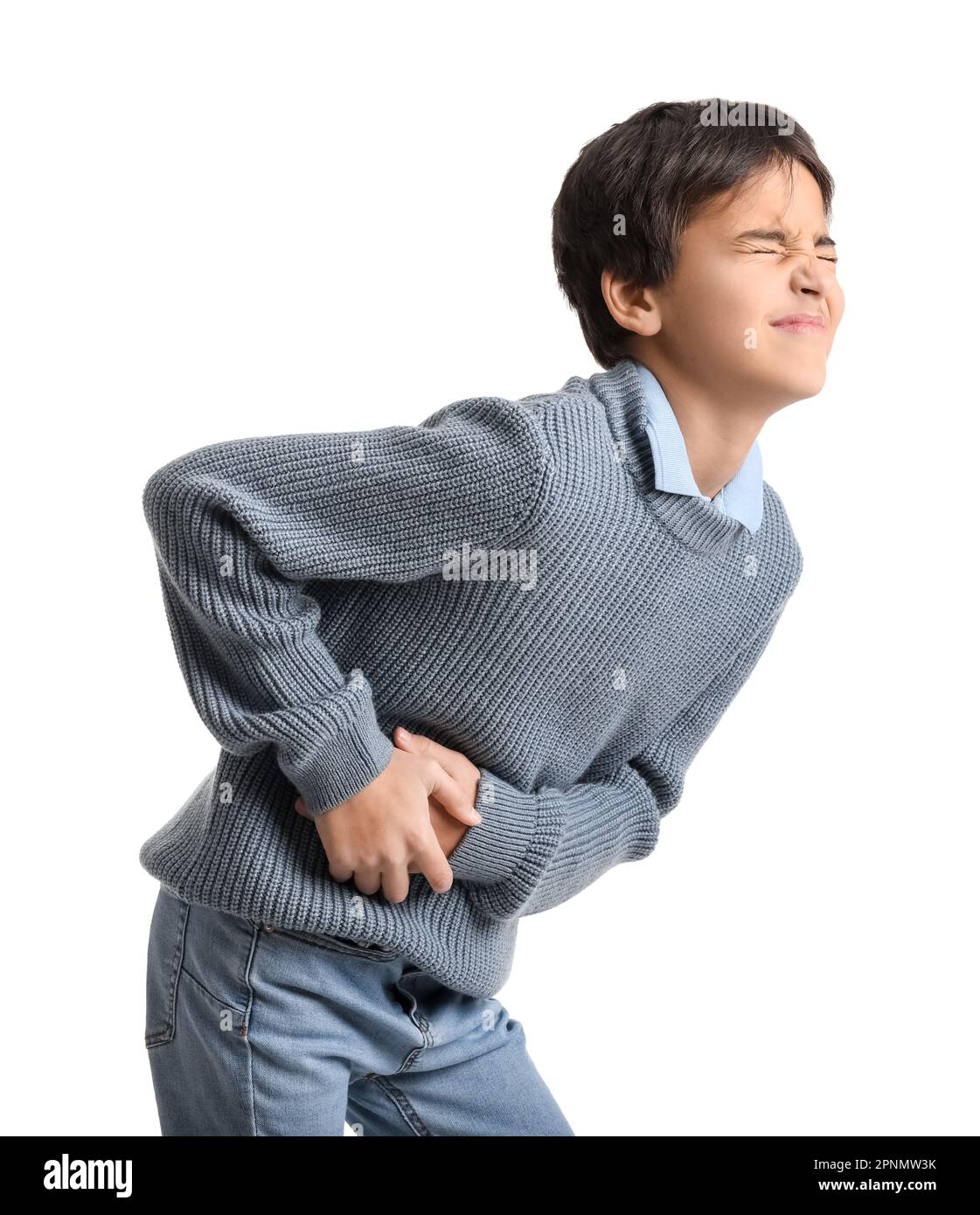 Little boy with appendicitis isolated on white Stock Photo - Alamy