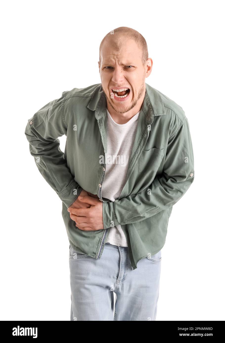Young man with appendicitis on white background Stock Photo - Alamy