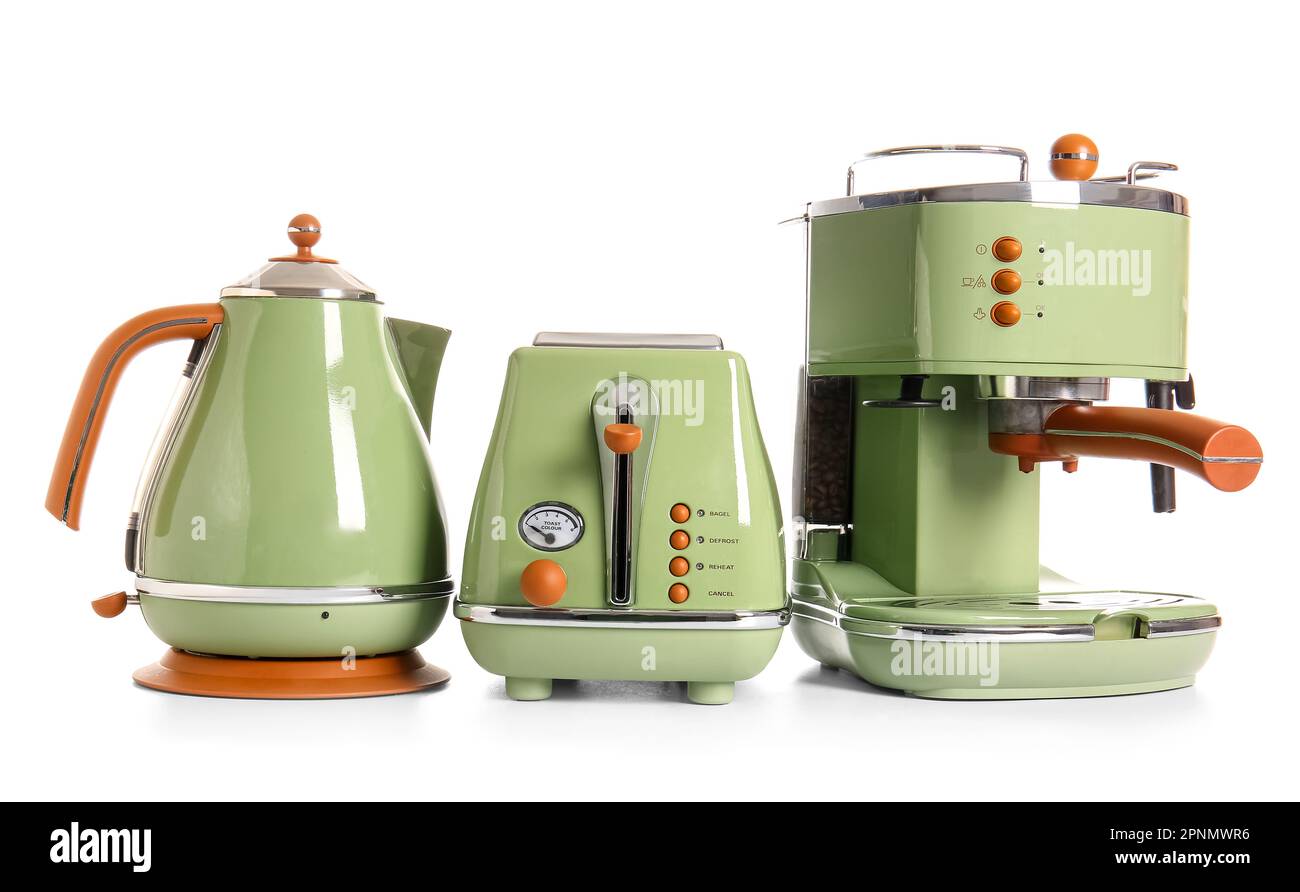 Electric kettle, toaster and coffee machine isolated on white ...