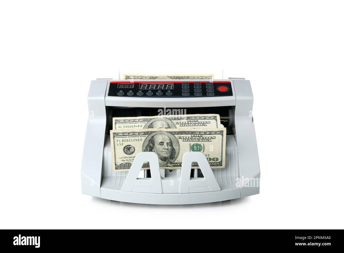 Modern cash counting machine with dollar banknotes on white background ...