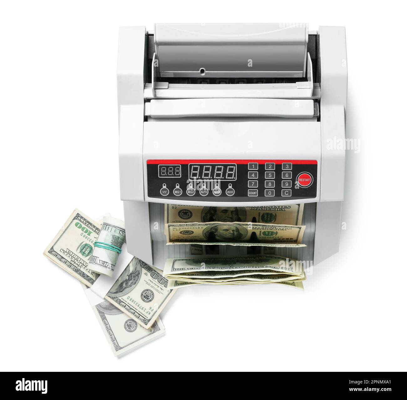 Modern cash counting machine with dollar banknotes on white background ...