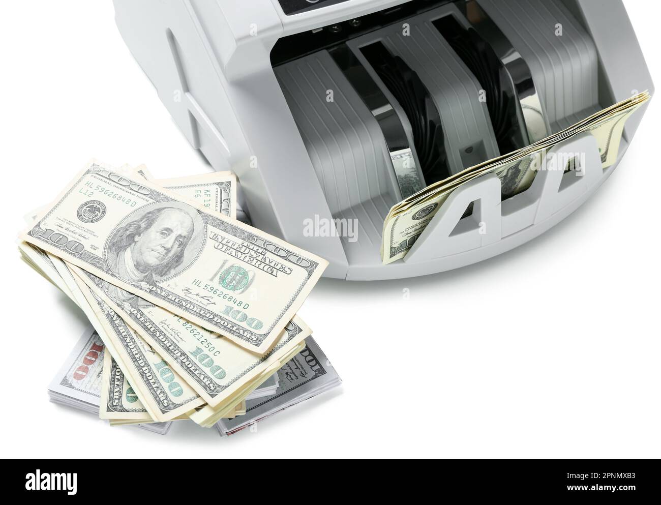 Modern cash counting machine with stack of dollar banknotes on white ...