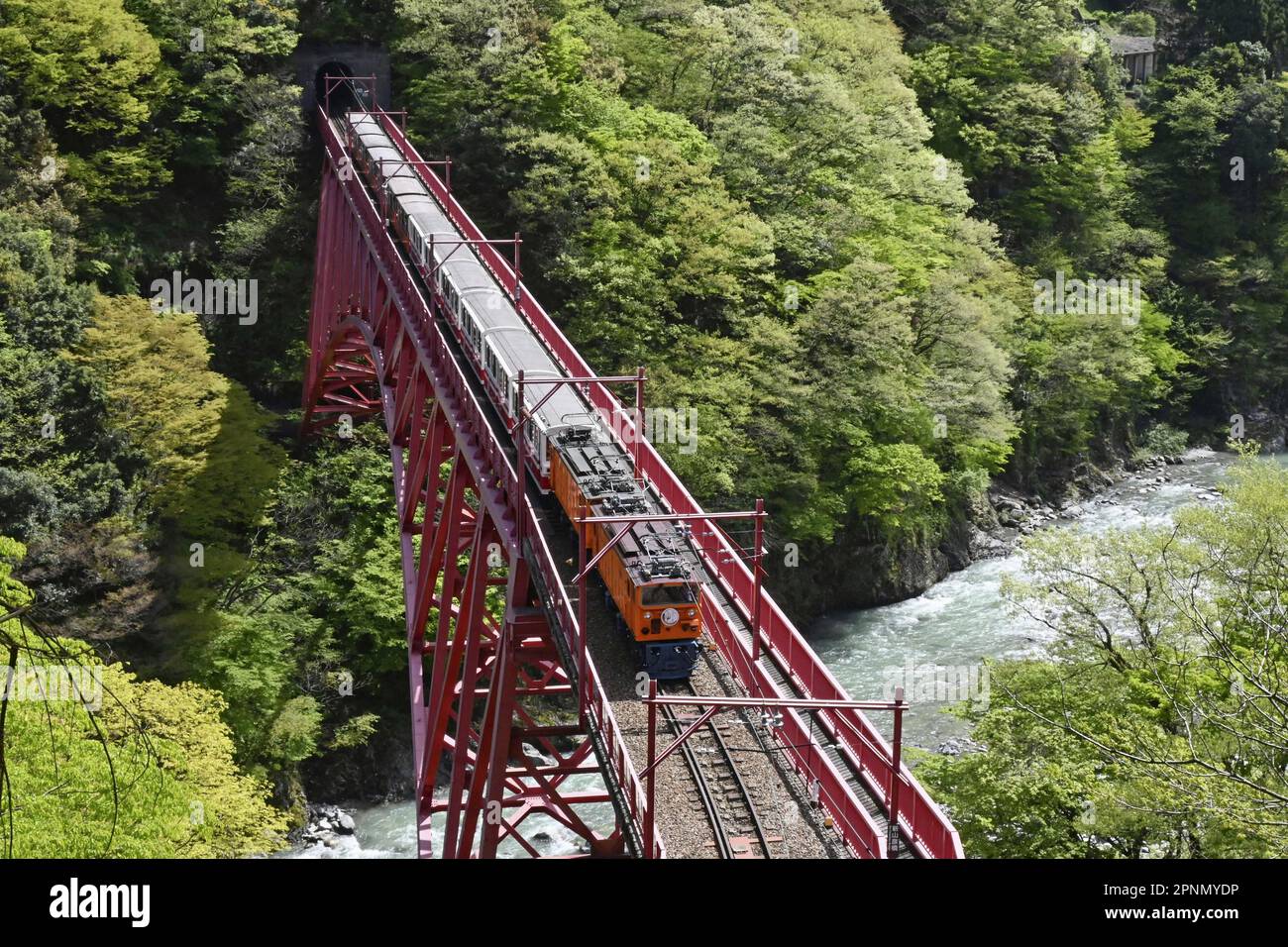 Kurobe Gorge Railway Co.'s "torokko" train crosses a steel bridge in ...
