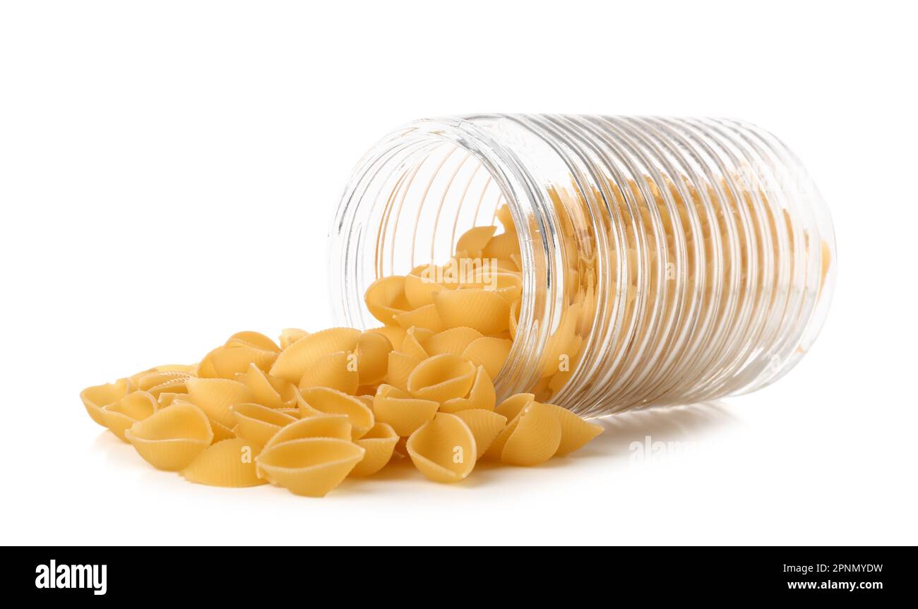 Jar of raw conchiglie pasta isolated on white background Stock Photo ...