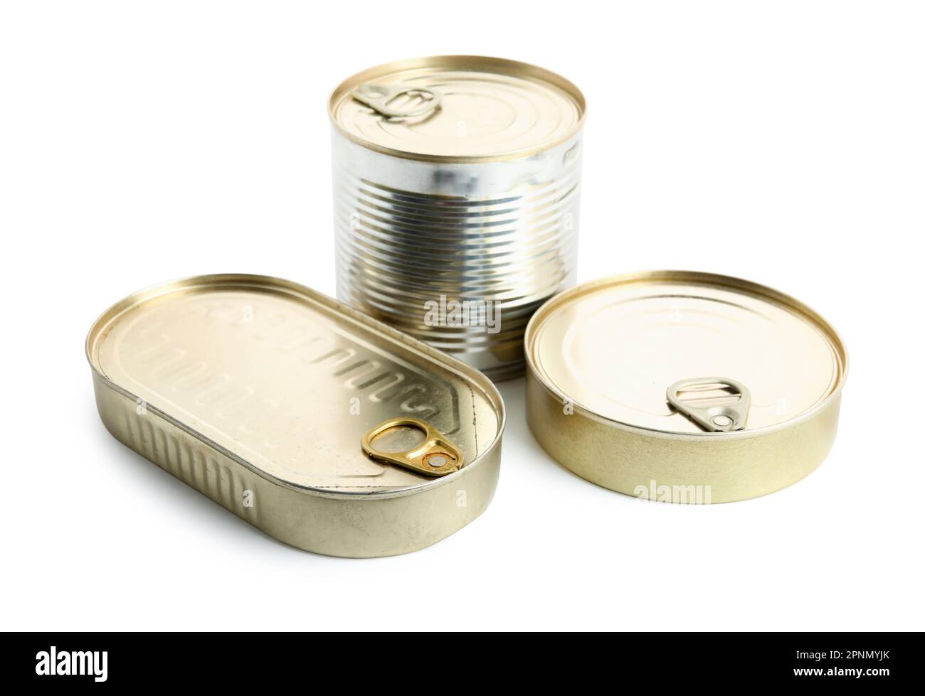 Tin cans with fish isolated on white background Stock Photo - Alamy