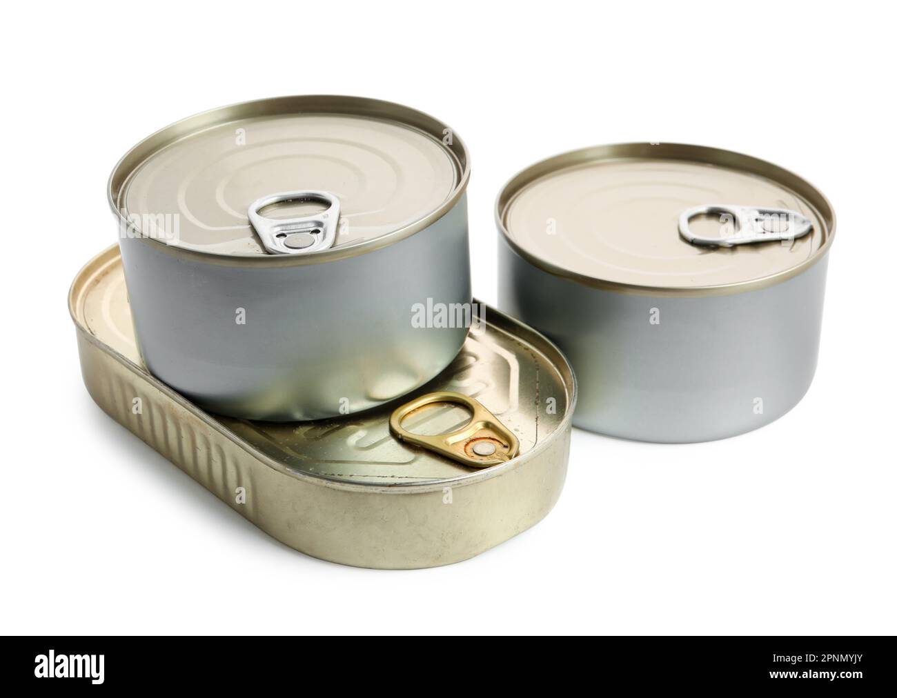 Tin cans with fish isolated on white background Stock Photo - Alamy