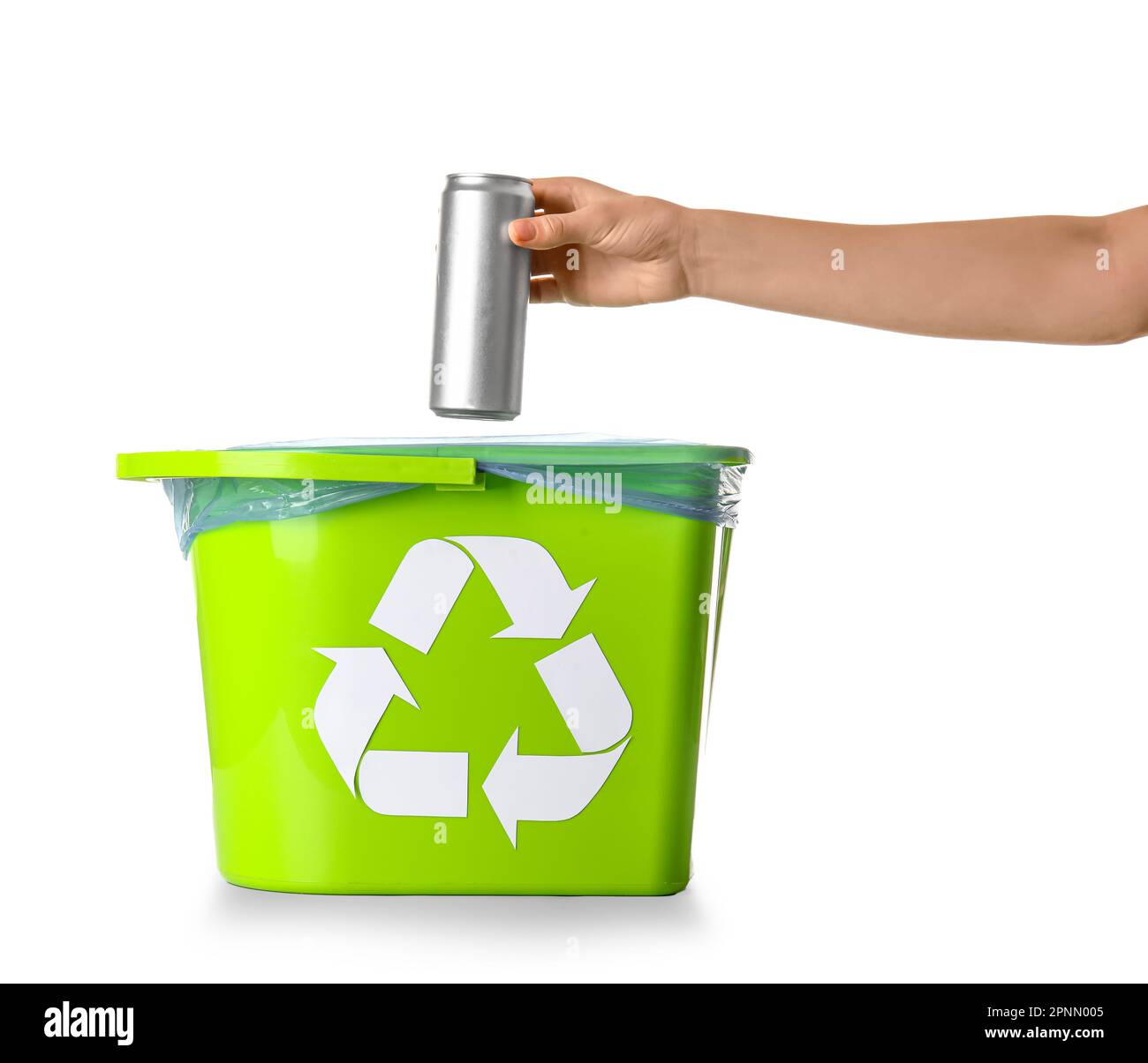 Woman throwing empty can into trash bin isolated on white background ...