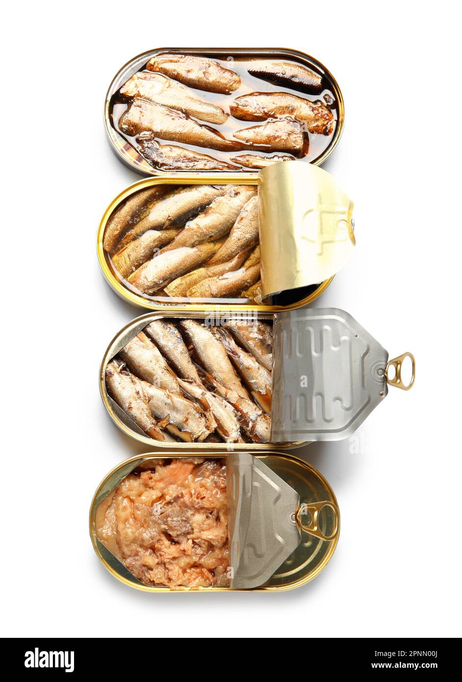 Opened tin cans with different fish isolated on white background Stock ...