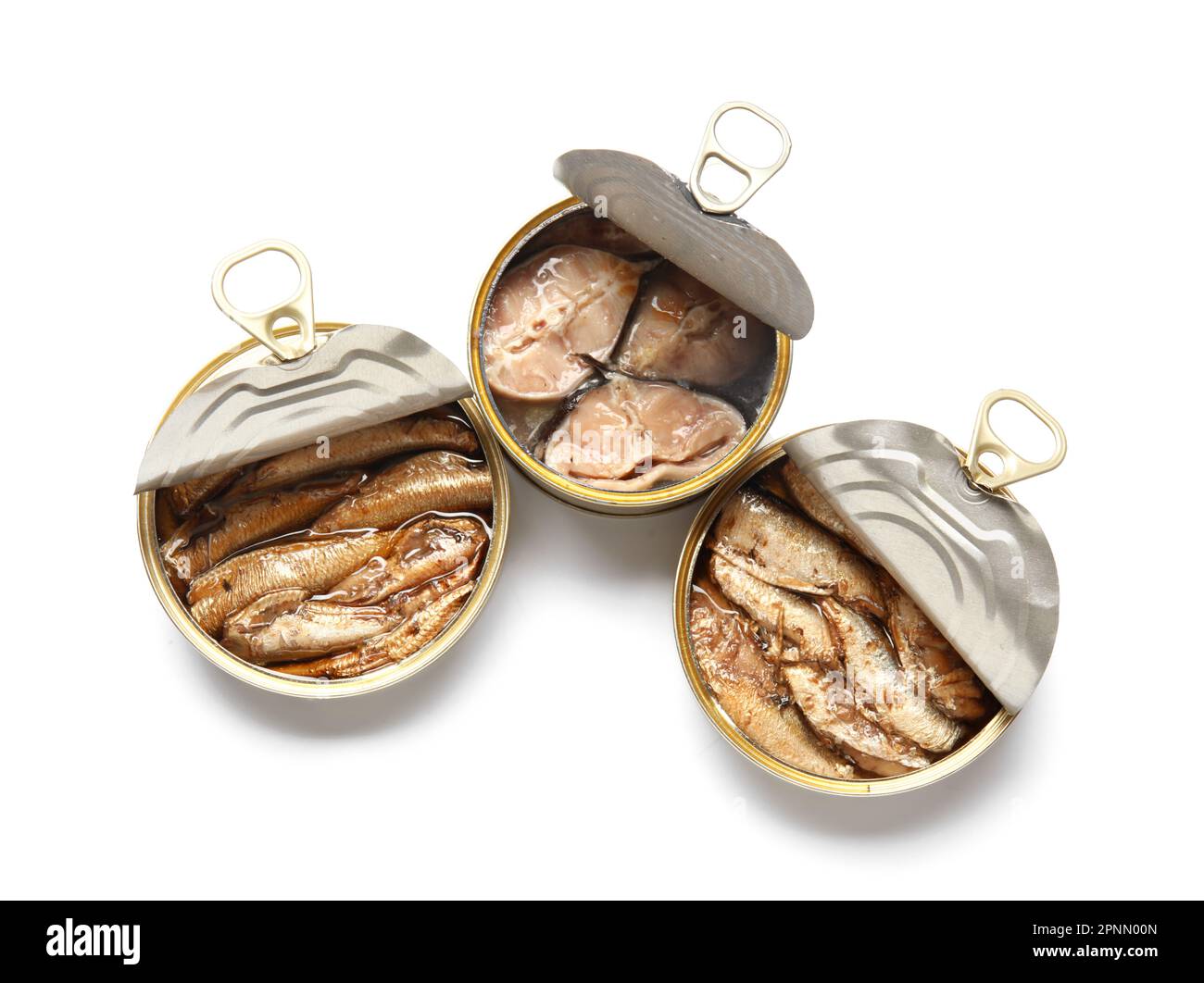 Opened tin cans with different fish isolated on white background Stock ...
