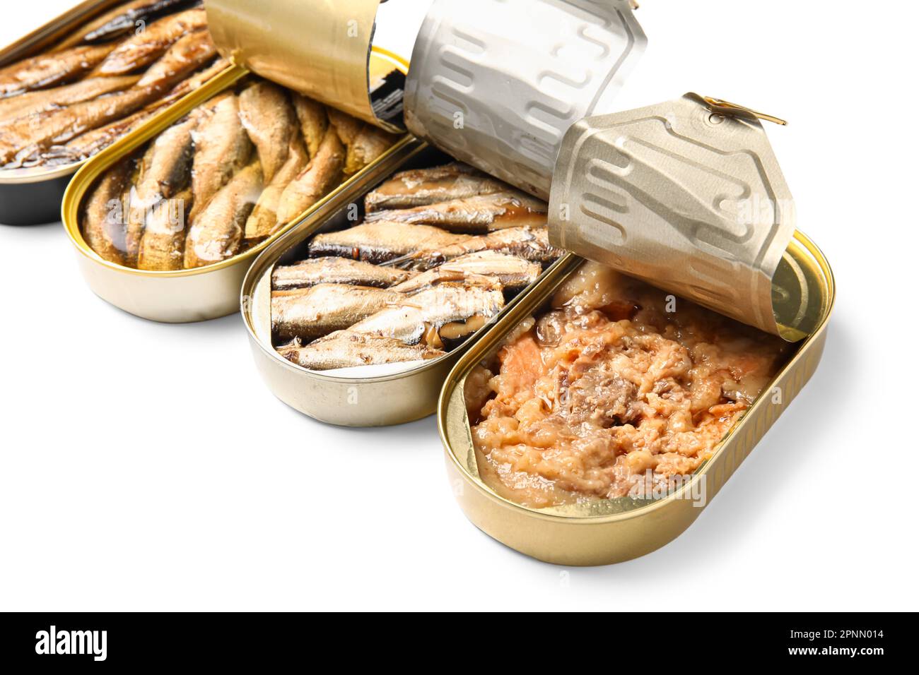 Opened tin cans with different fish isolated on white background Stock ...