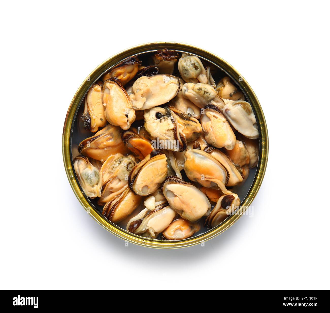 Opened tin can with mussels isolated on white background Stock Photo ...