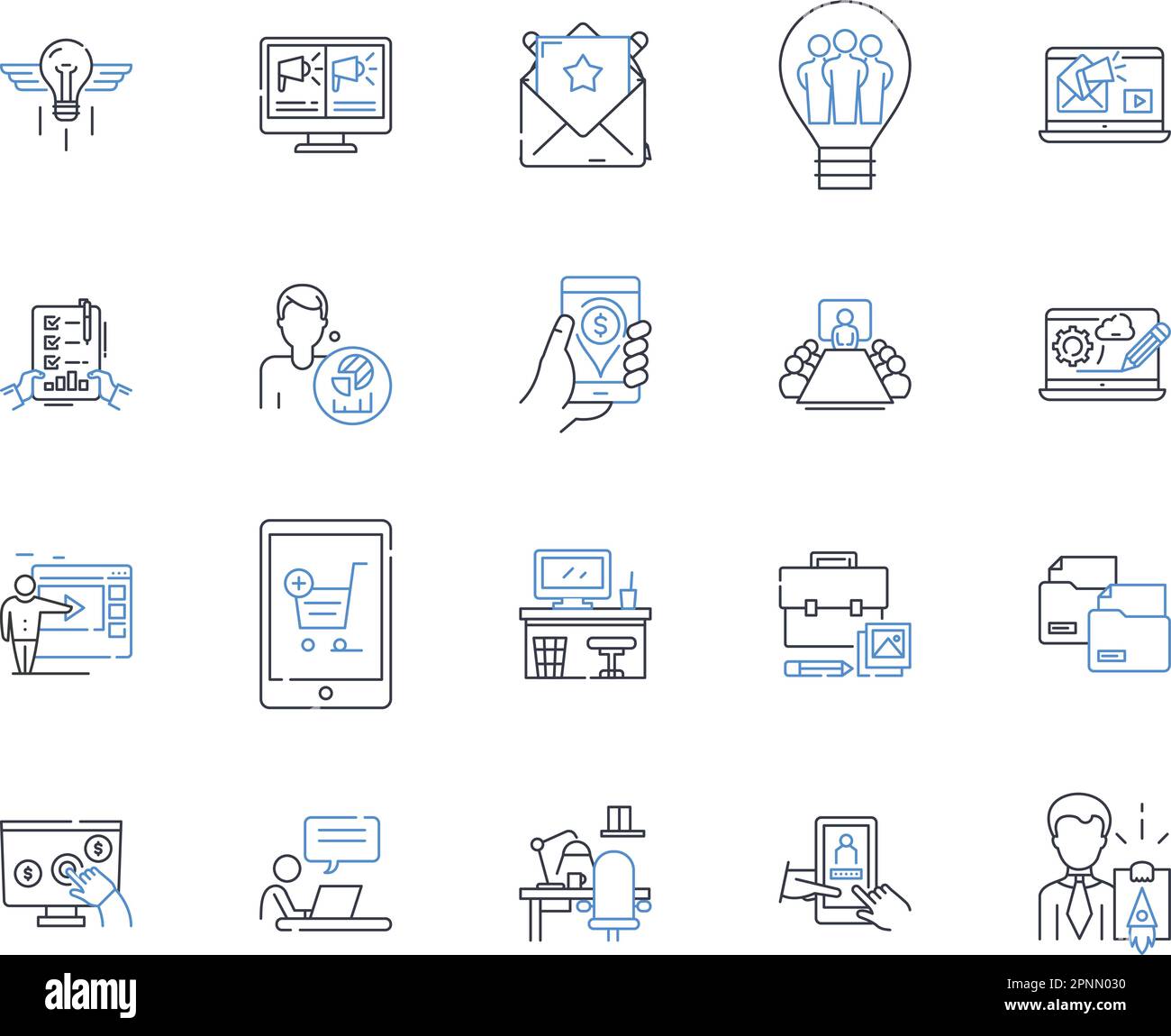 Commencement phase line icons collection. Introduction, Activation ...